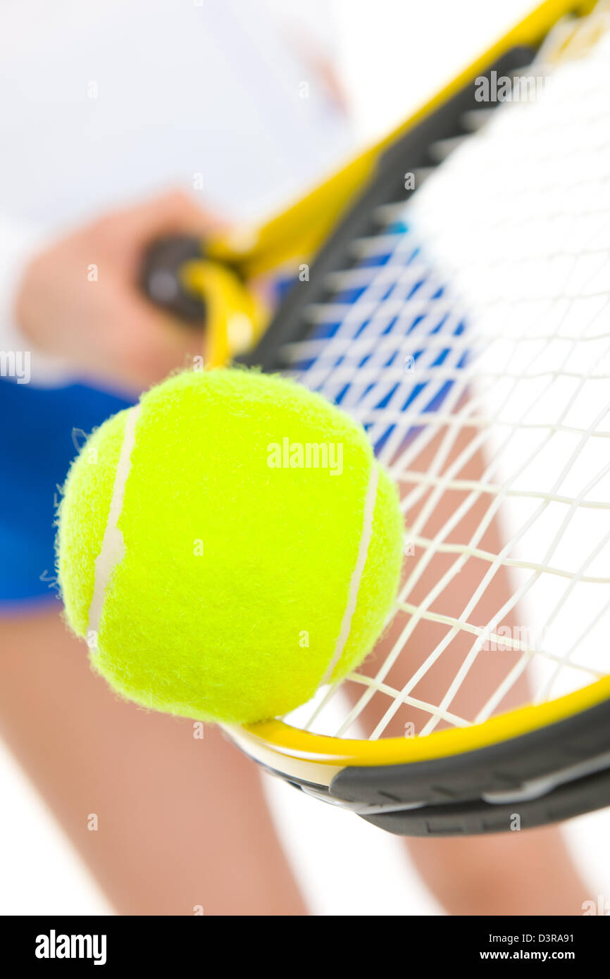 Closeup on tennis player balancing ball on racket Stock Photo - Alamy
