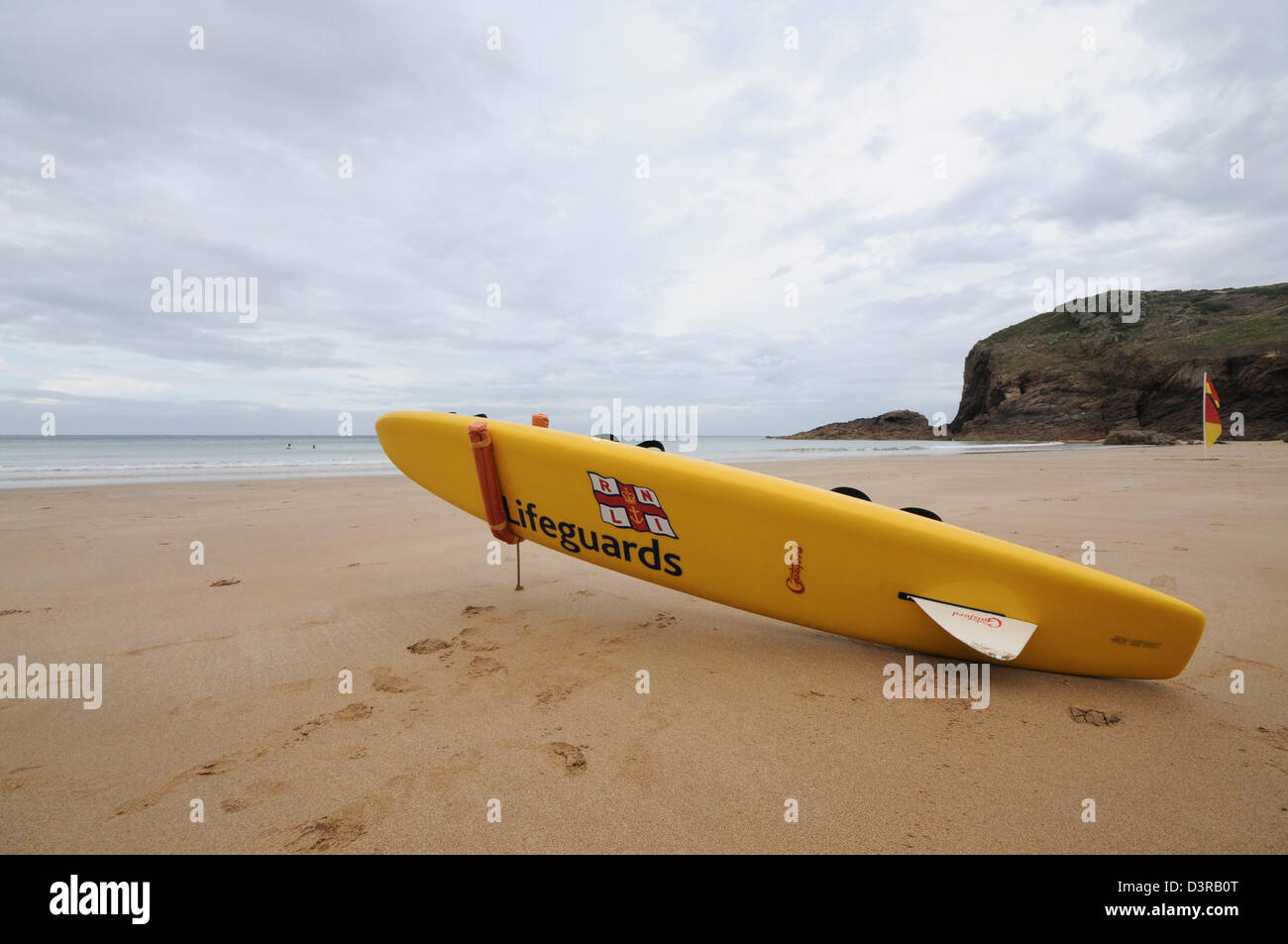 Lifeguard board on Plemont Beach, Jersey Stock Photo - Alamy