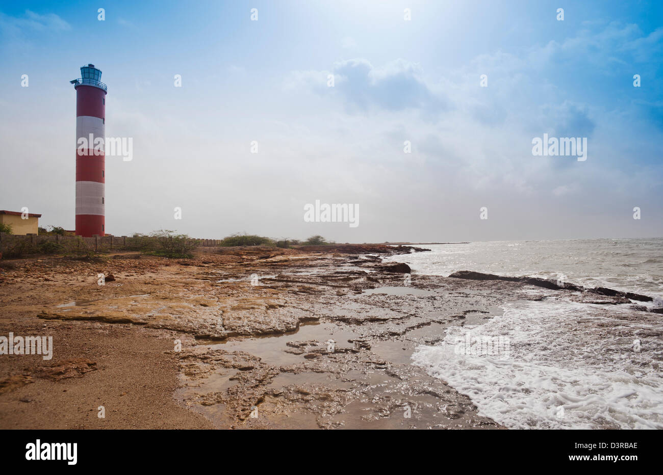 Lighthouse at the coast, Dwarka Beach, Dwarka, Gujarat, India Stock ...