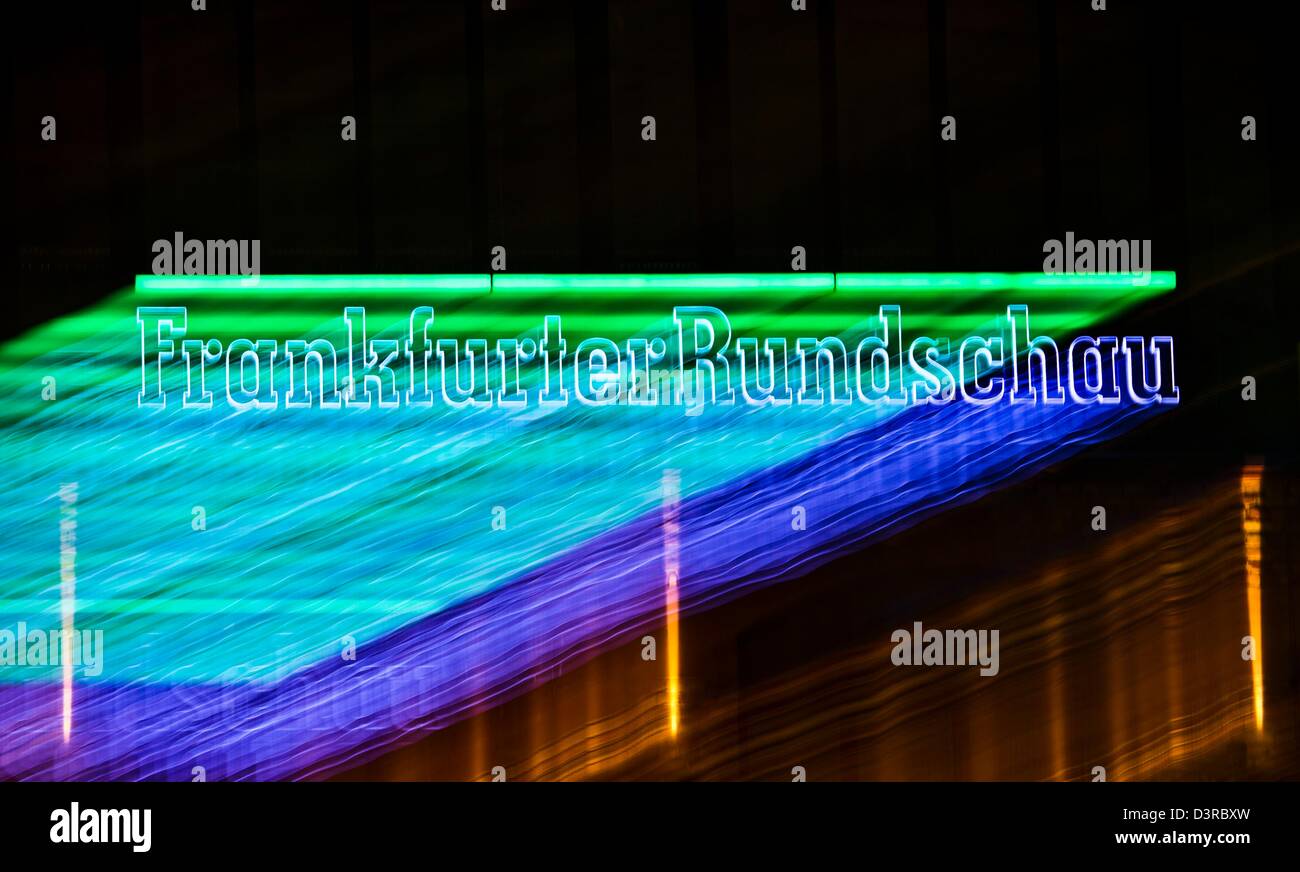 The logo of the Frankfurt Rundschau (FR) newspaper shines in bright ...