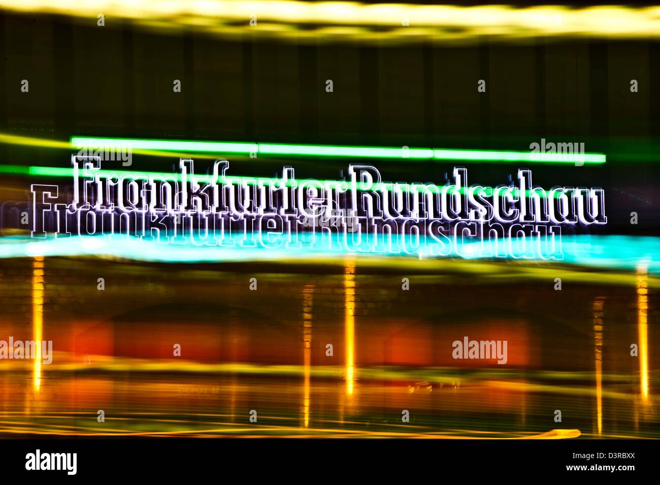 The logo of the Frankfurt Rundschau (FR) newspaper shines in bright ...