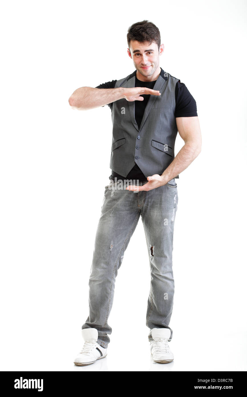 Full length portrait school boy show demonstrate palm for product ...