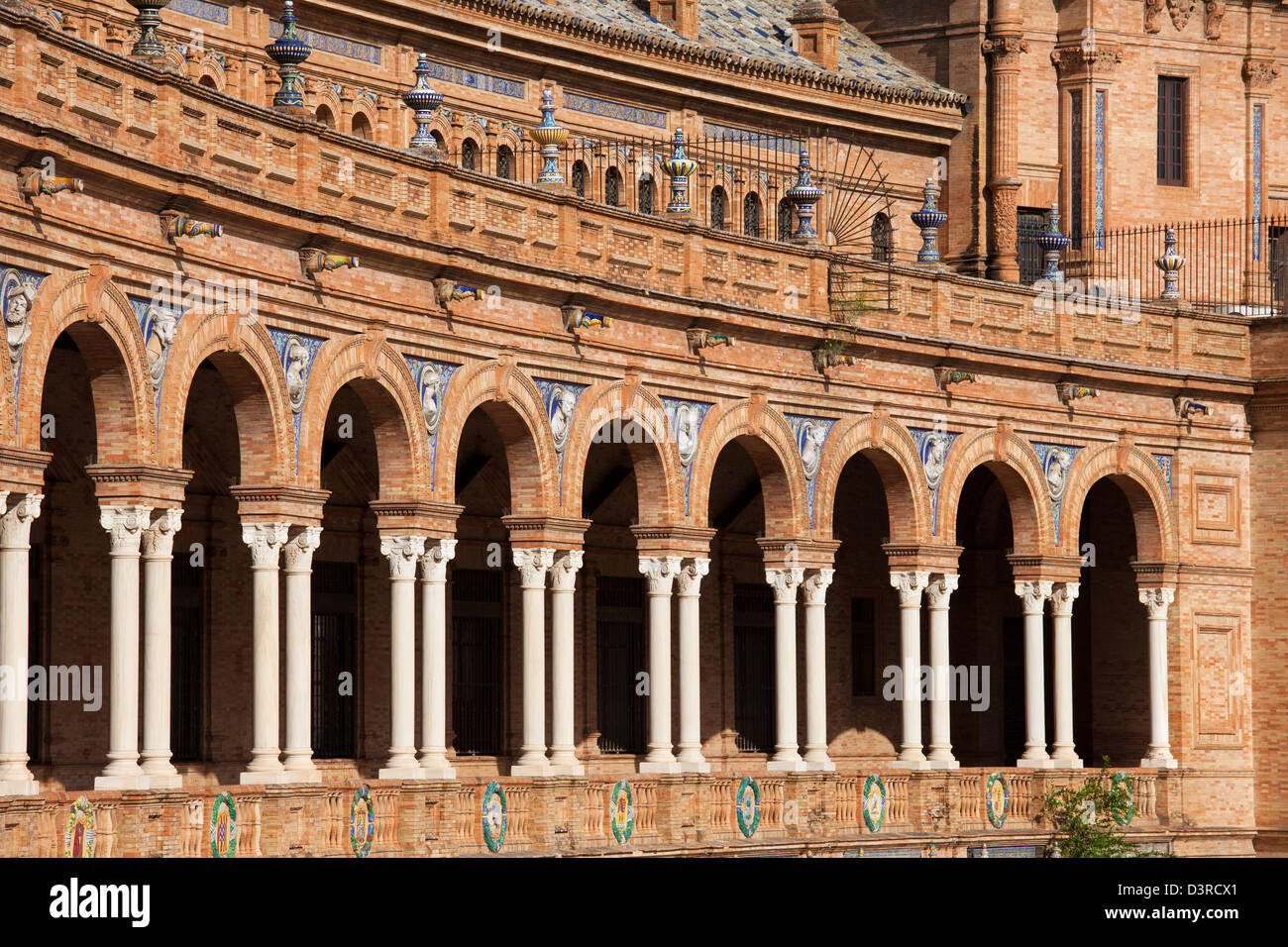 Colonnade of the Plaza de Espana pavilion in Seville, Andalusia, Spain ...