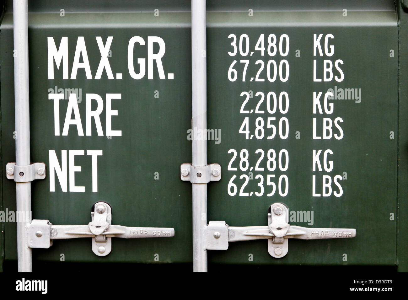 Shipping containers in a distribution storage yard showing weight and ...