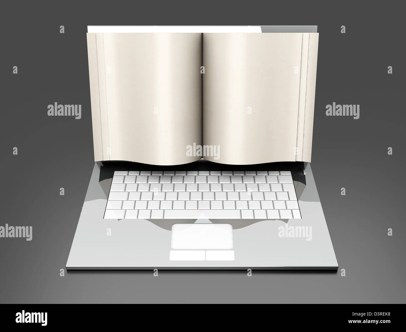 A digital book on a laptop screen. Symbolic 3D rendered Illustration ...