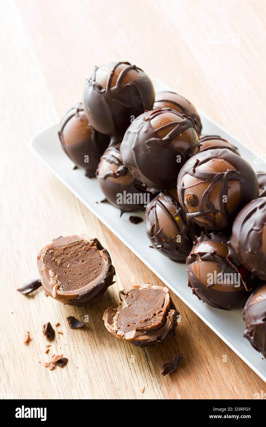 Gourmet dark milk chocolate truffles hand made by chocolatier Stock ...