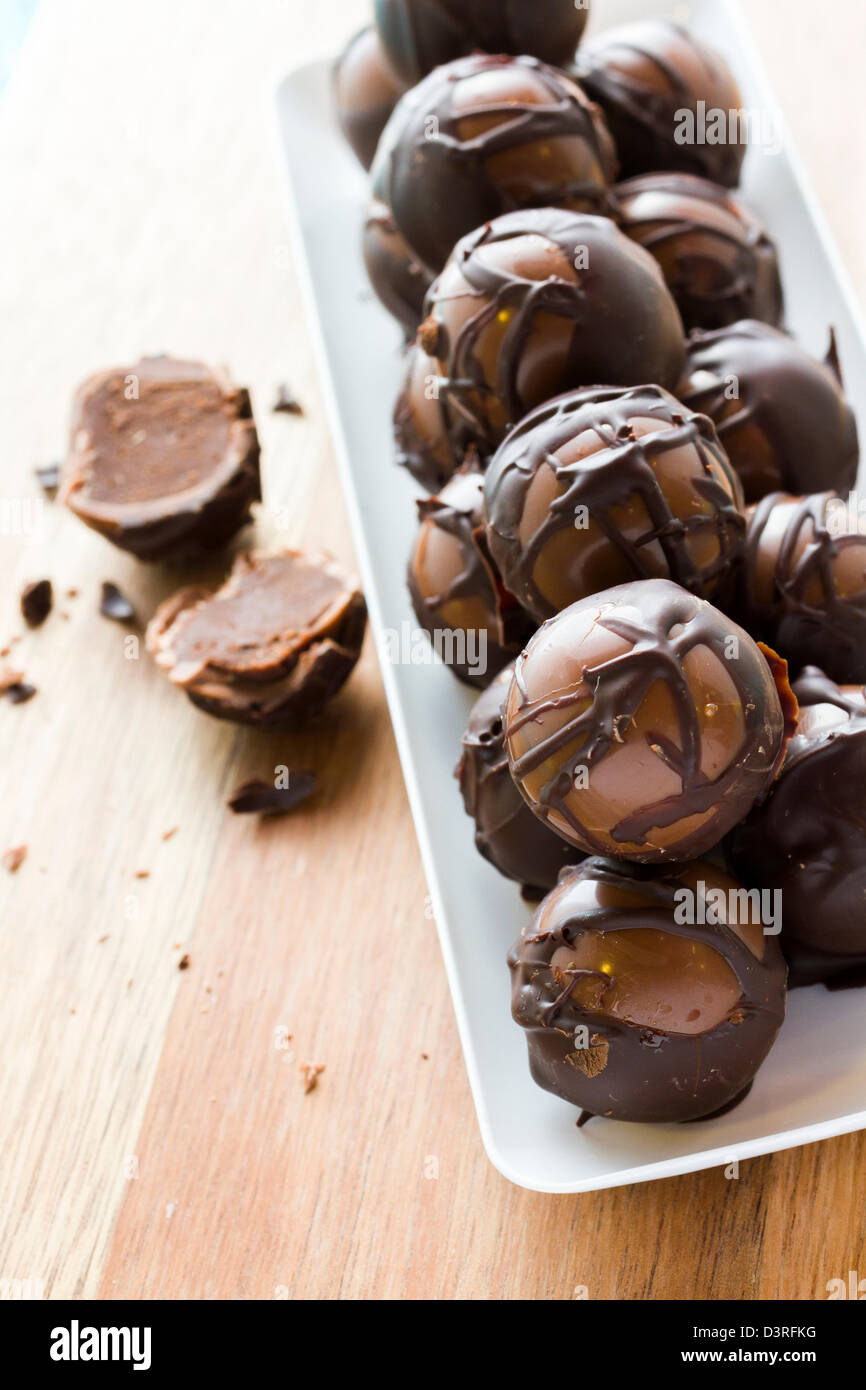 Gourmet dark milk chocolate truffles hand made by chocolatier Stock ...