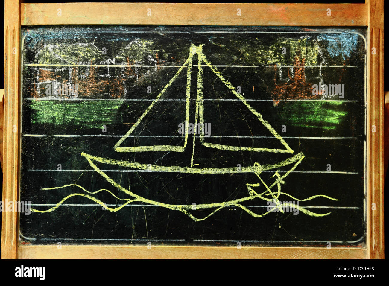 sailing boat drawing on a vintage chalkboard Stock Photo - Alamy