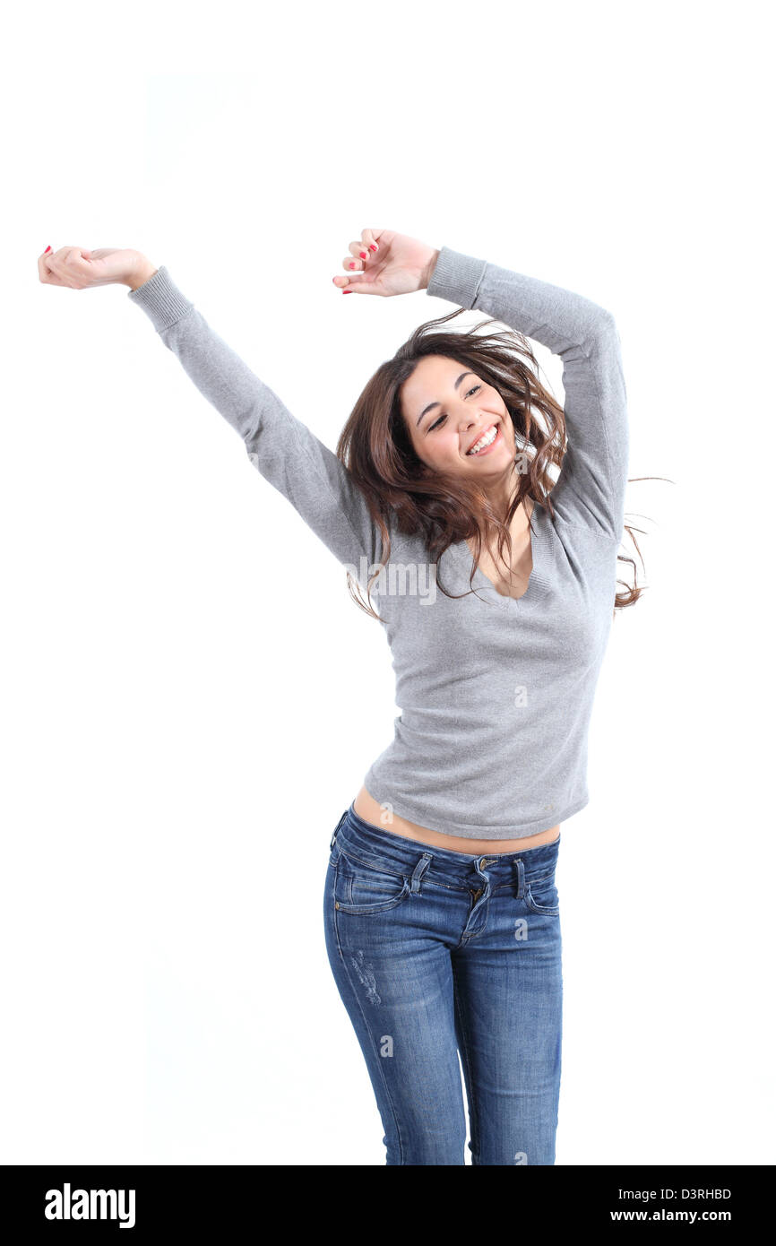 Beautiful woman dancing happy on a white isolated background Stock ...