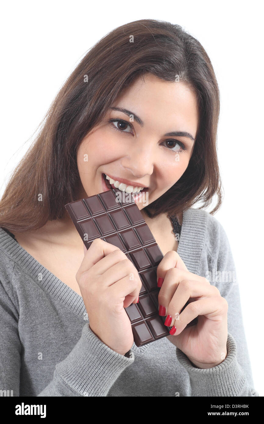 Beautiful woman eating chocolate on a white isolated background Stock ...