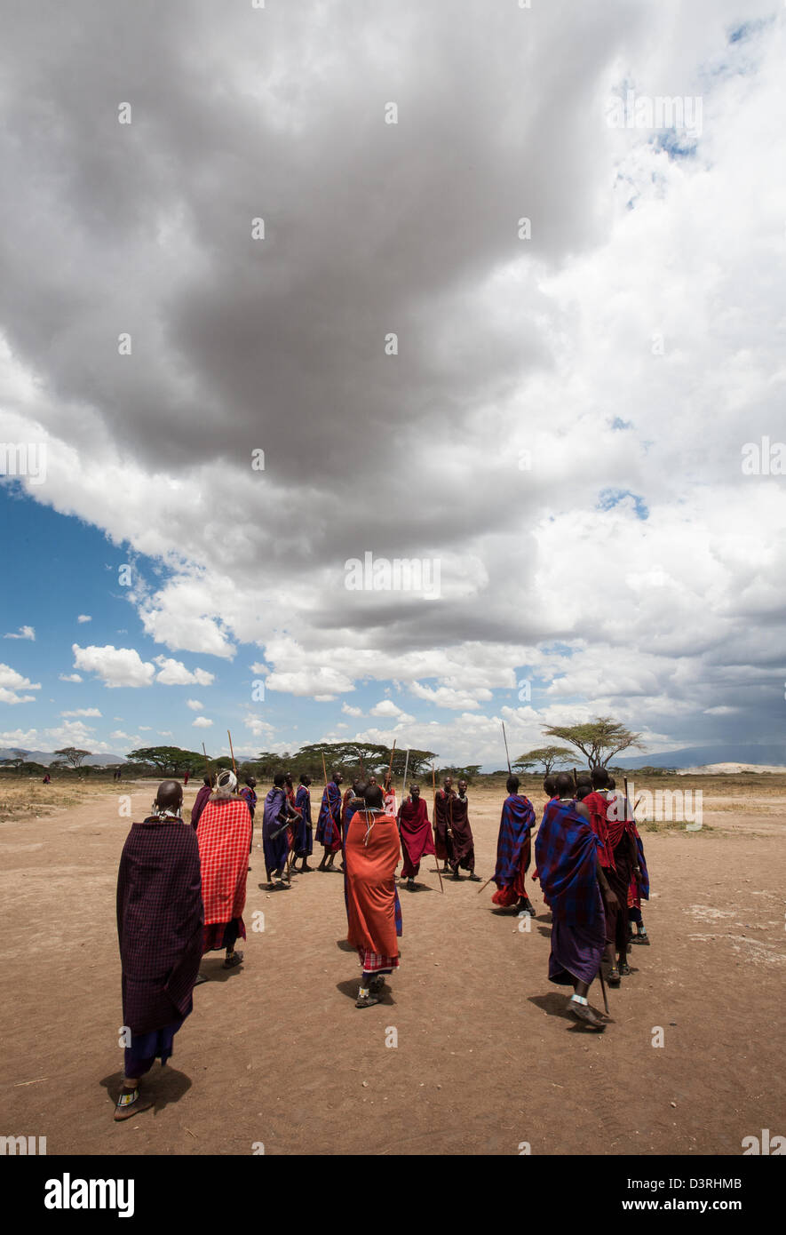 A Masai tribe dances in traditional wear and adornments. Tanzania Stock ...