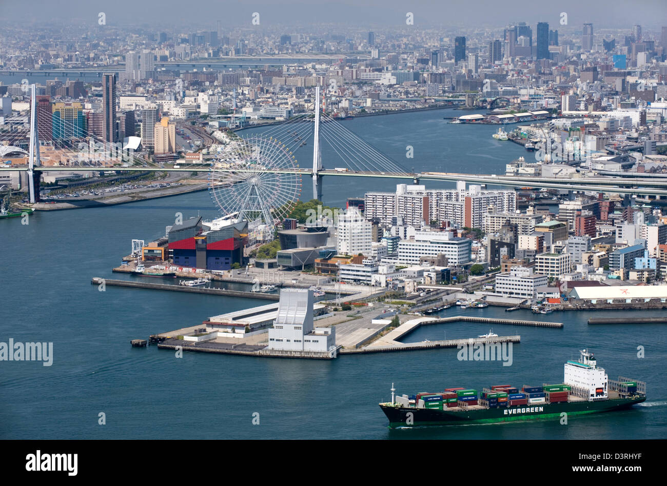 Aerial view of downtown Osaka City skyline and harbor with Tempozan ...