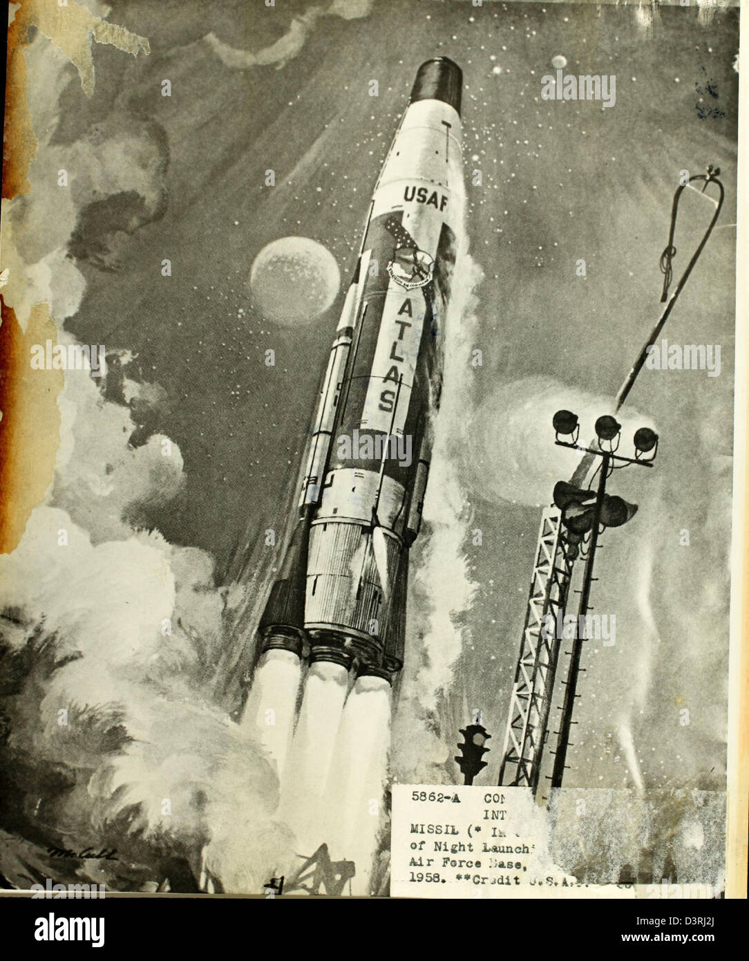 A glossy photo of the Convair Atlas rocket, used in the 1959-1965 space program, illustrating ...