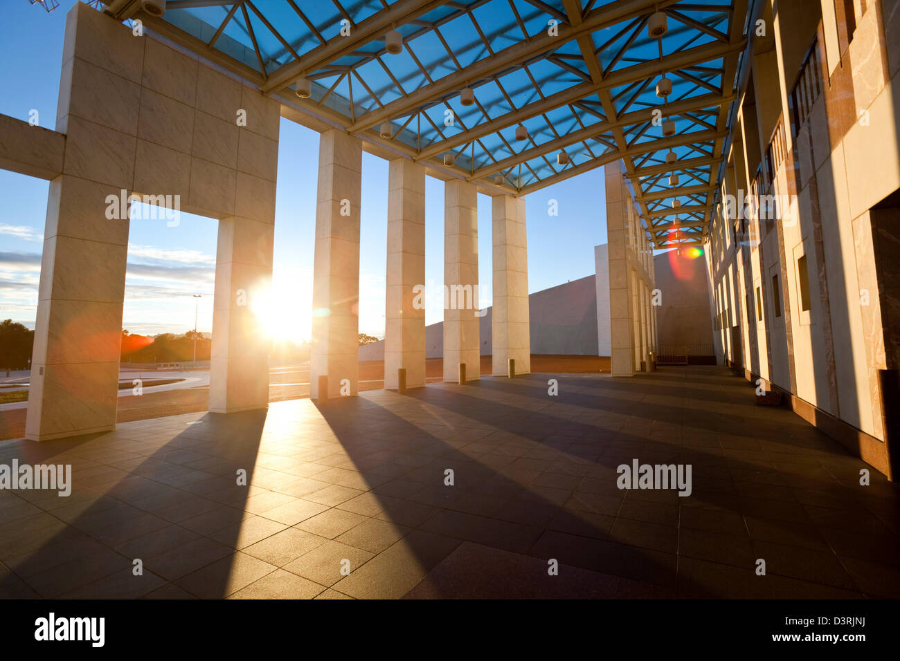 White marble facade of the Great Verandah at Parliament House. Canberra ...