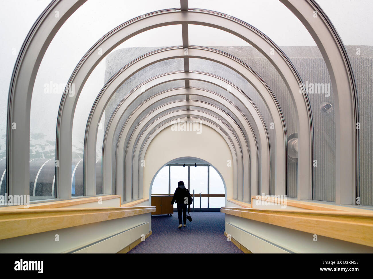 Tourist looks out large windows, Boggs Visitor Center, Portage Lake ...