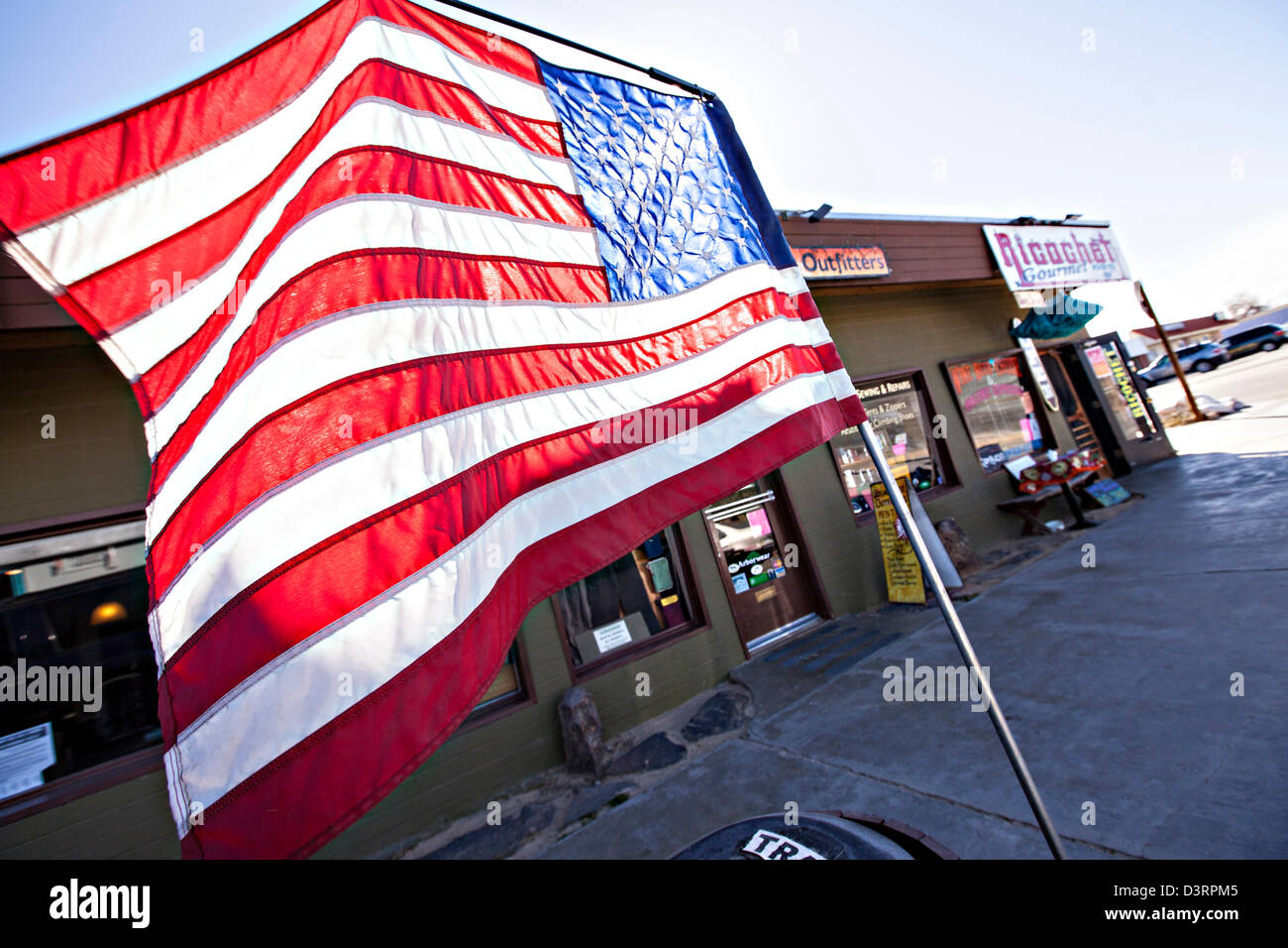 American flag in the Mojave desert town of Joshua Tree, California ...