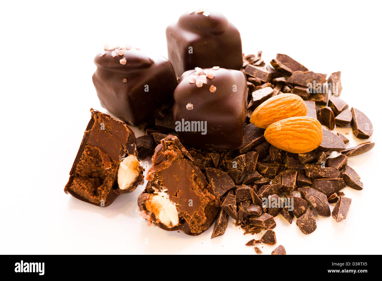 Gourmet dark chocolate with almonds truffles hand made by chocolatier ...