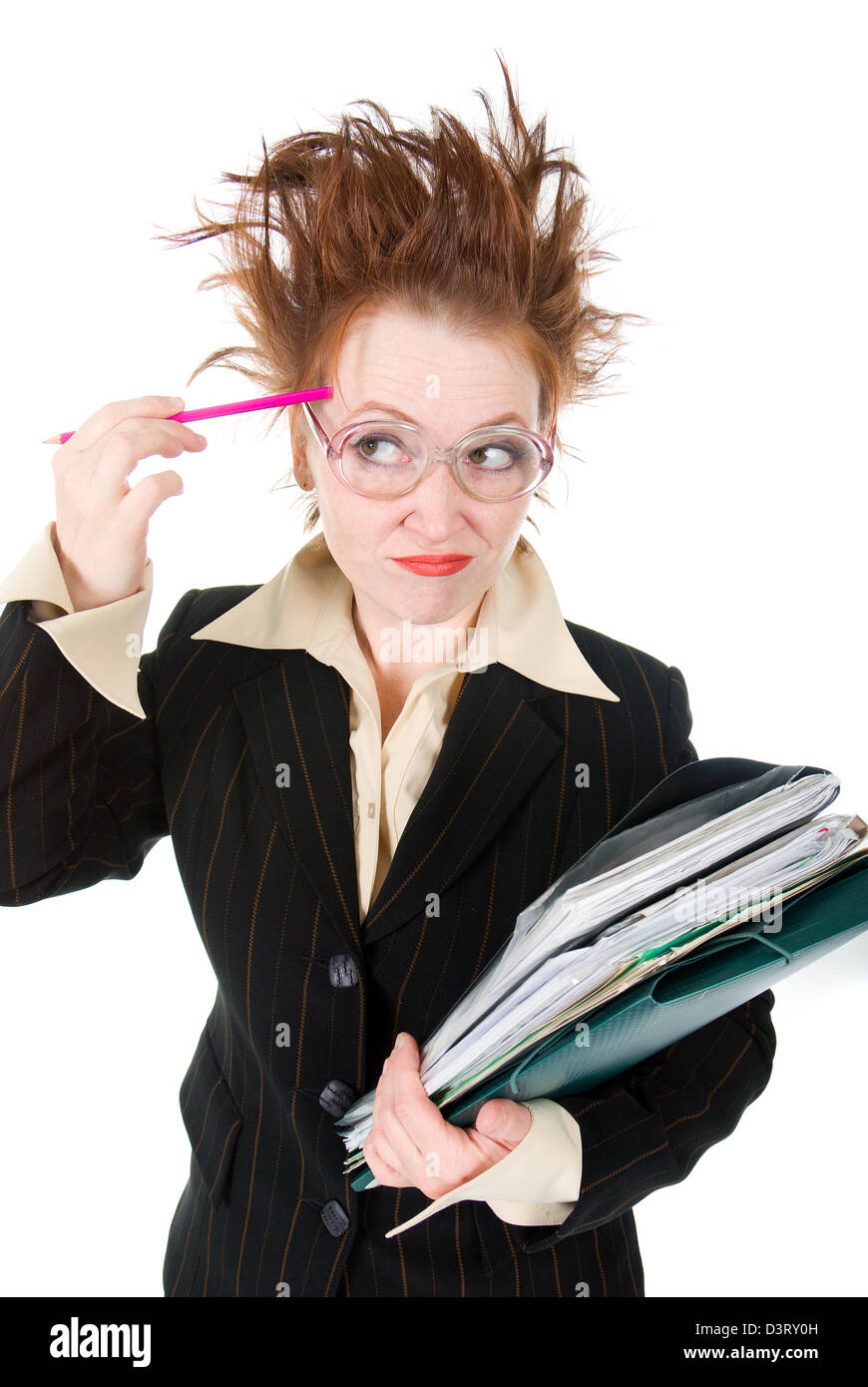 stressed crazy Businesswoman with huge stack of paperwork.isolated on ...