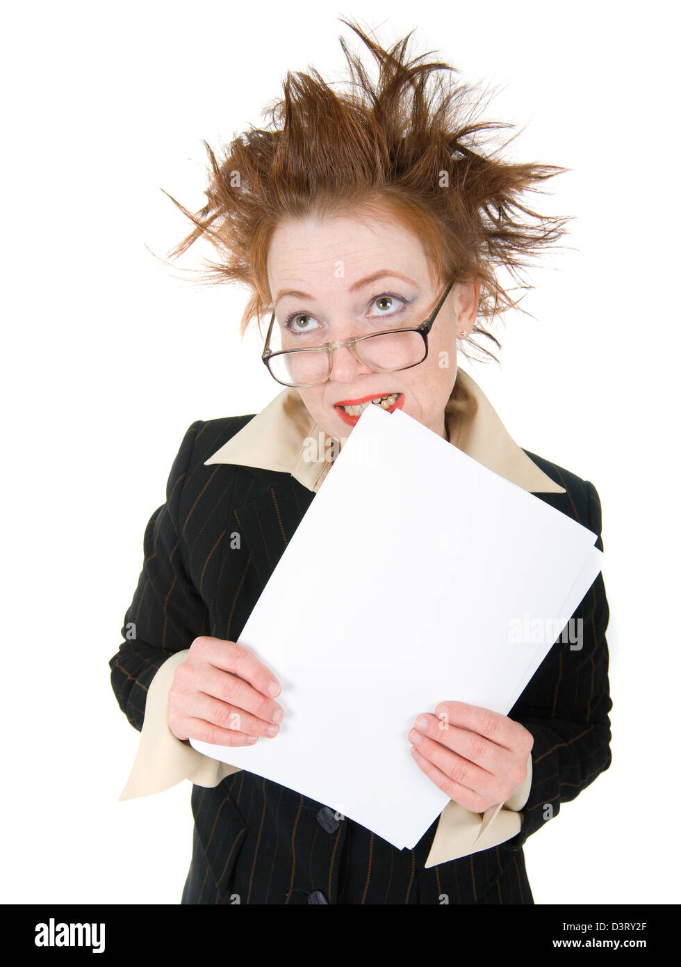 stressed crazy Businesswoman isolated on white Stock Photo - Alamy