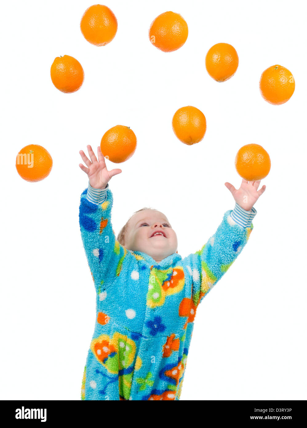 Little baby girl caughts orange .isolated on white background Stock ...