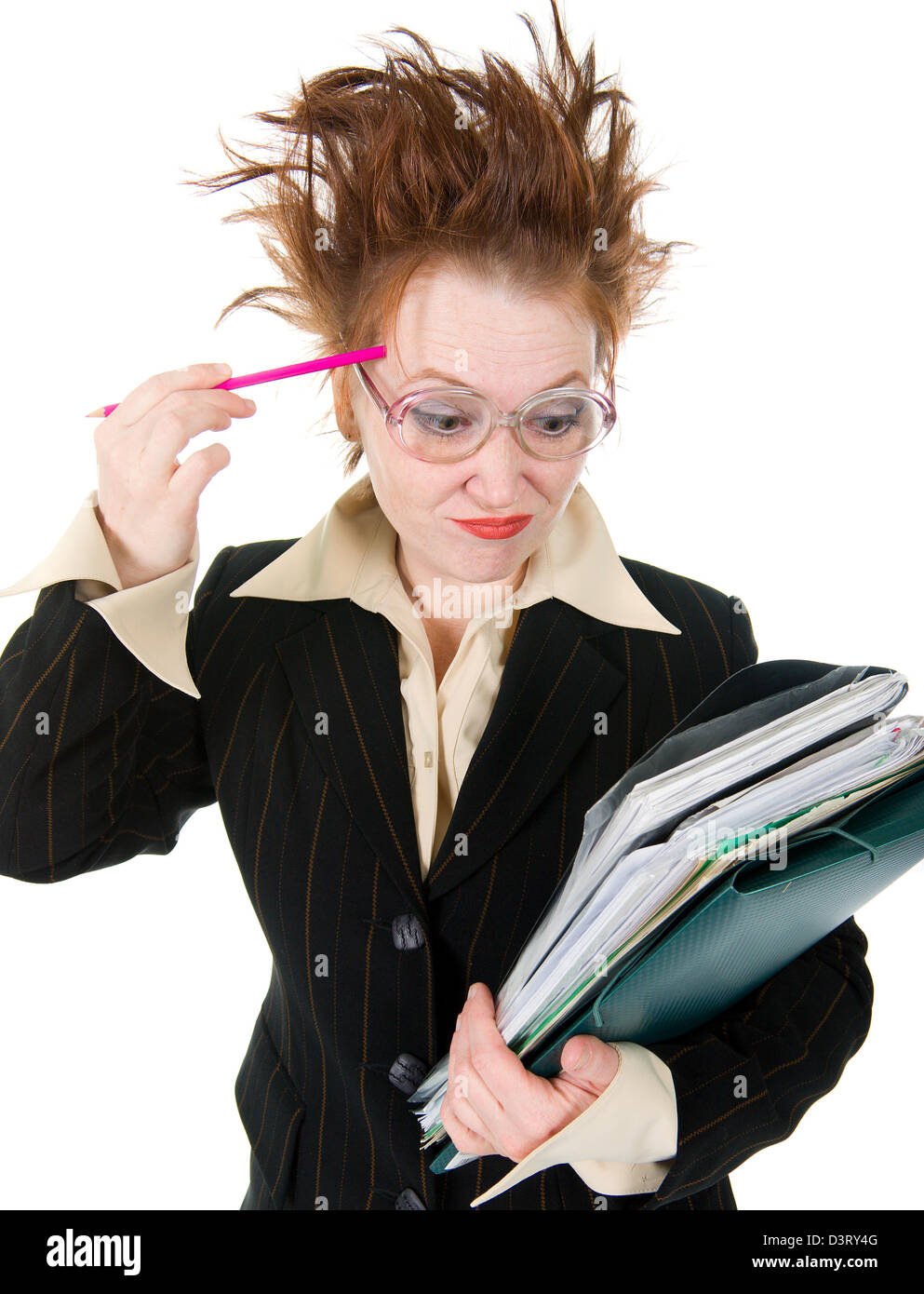 stressed crazy Businesswoman with huge stack of paperwork.isolated on ...