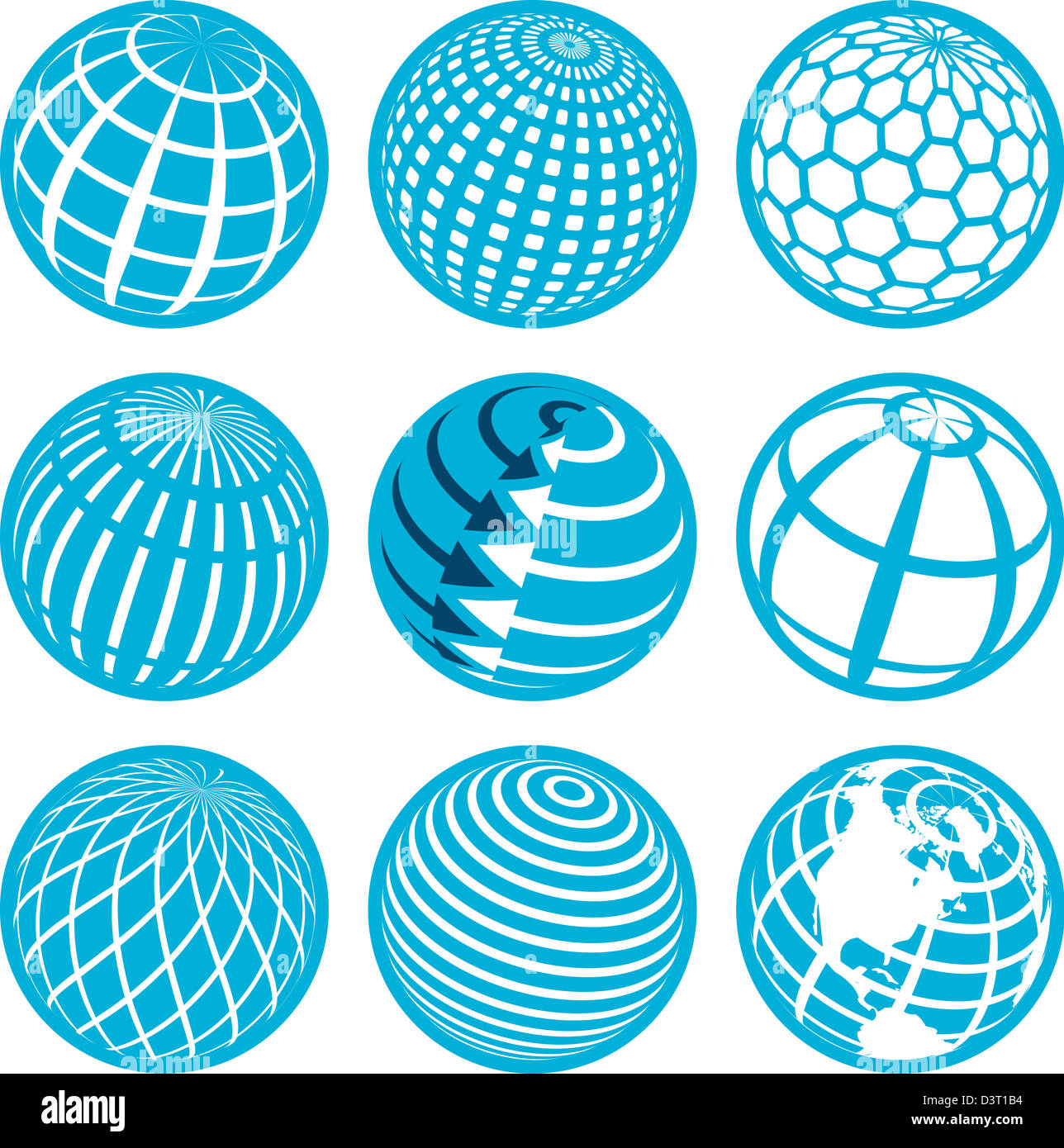 illustration, nine blue symbols of the planet on white background Stock ...