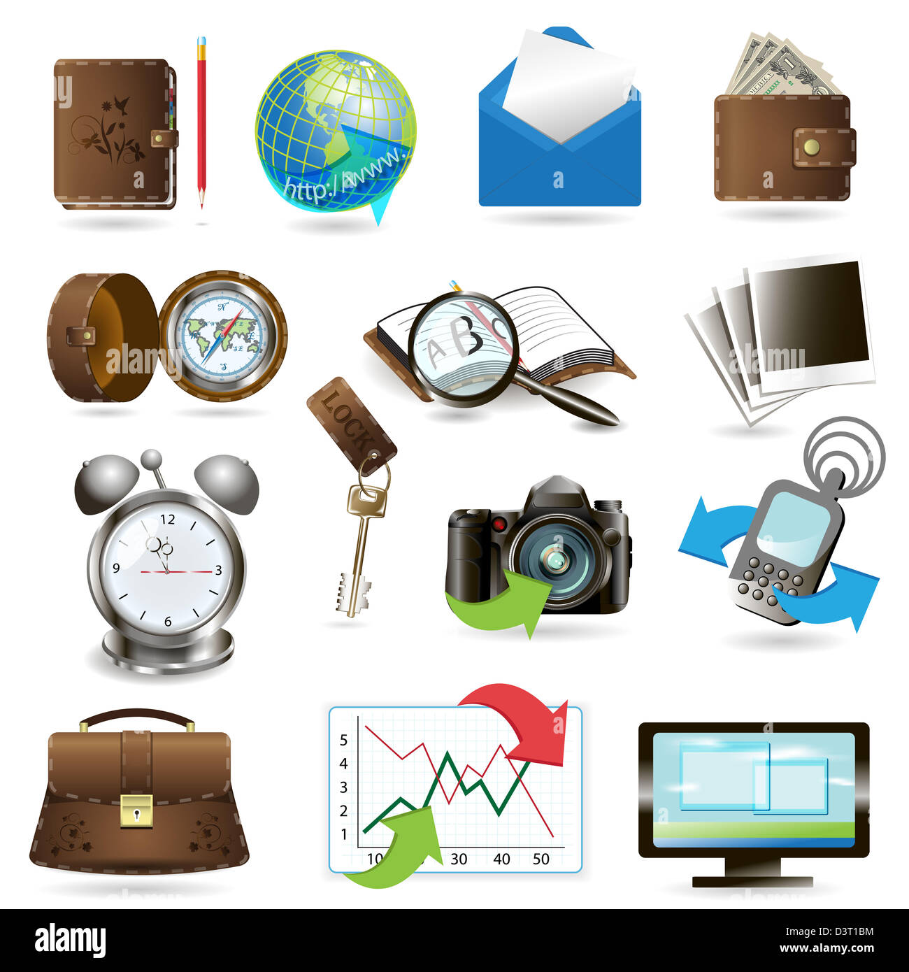 illustration, set from fourteen computer icons on white background ...