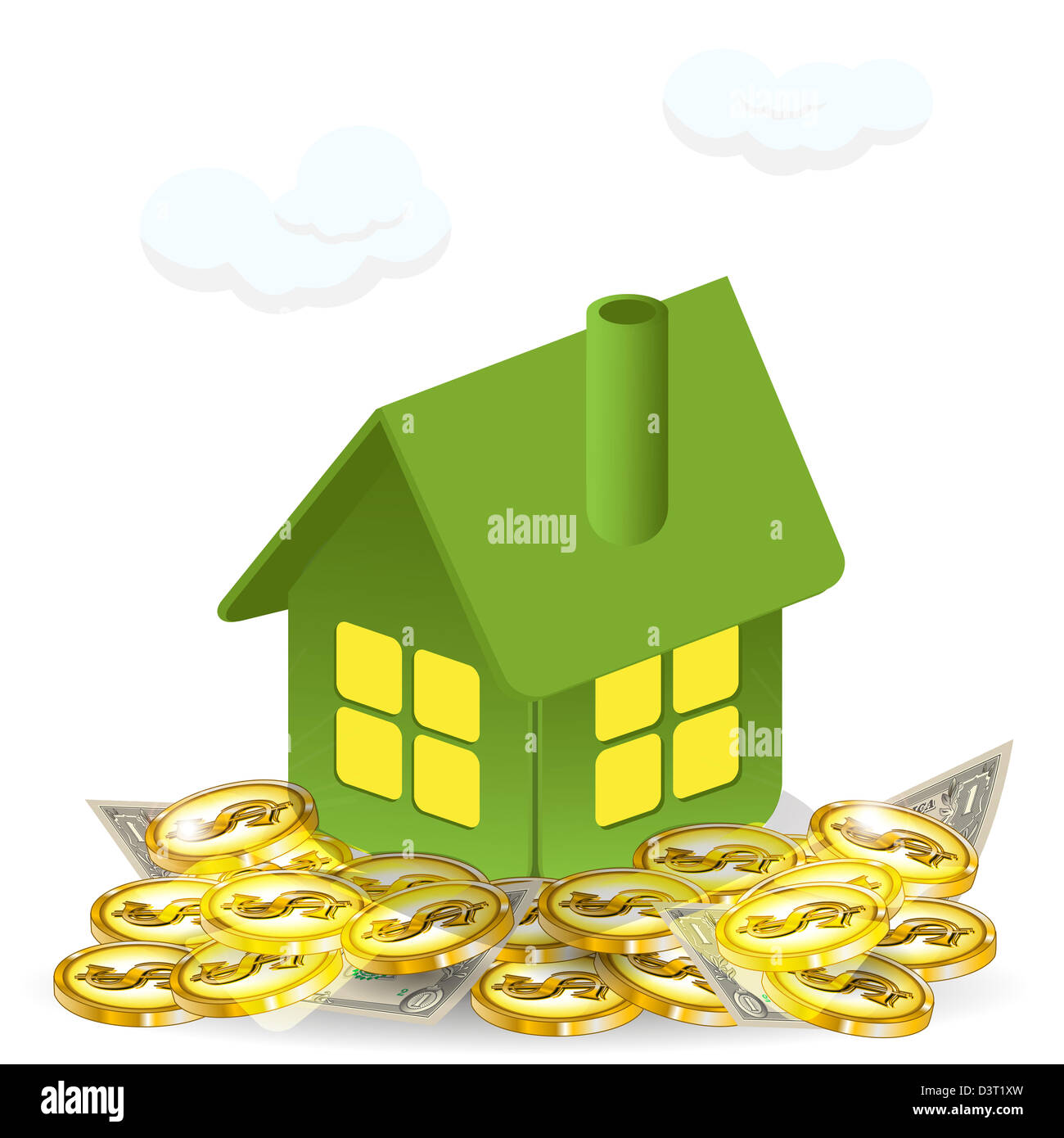 illustration, green house on coin on white background Stock Photo - Alamy
