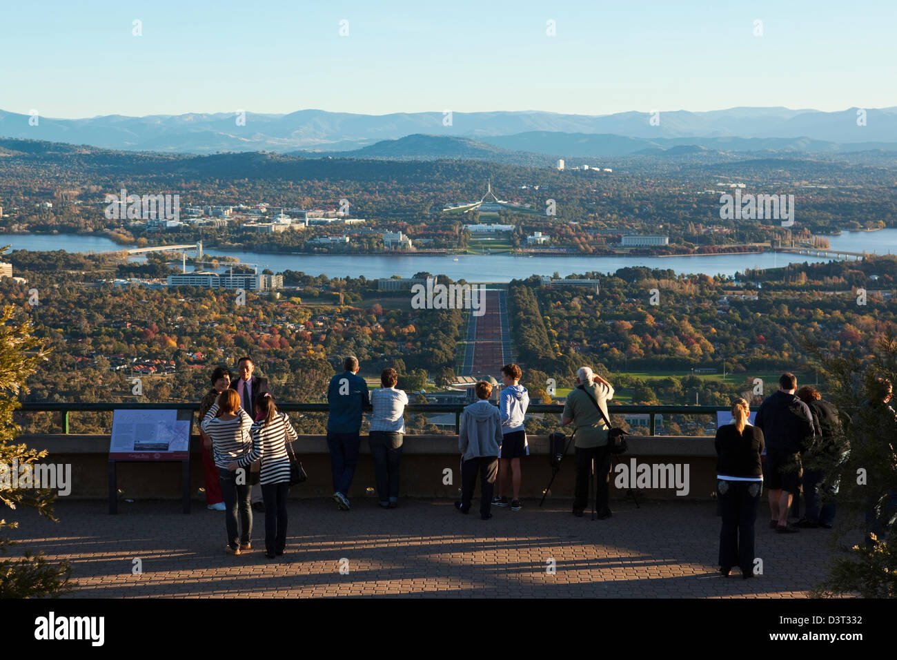 Tourists viewing city from Mt Ainslie lookout. Canberra, Australian ...