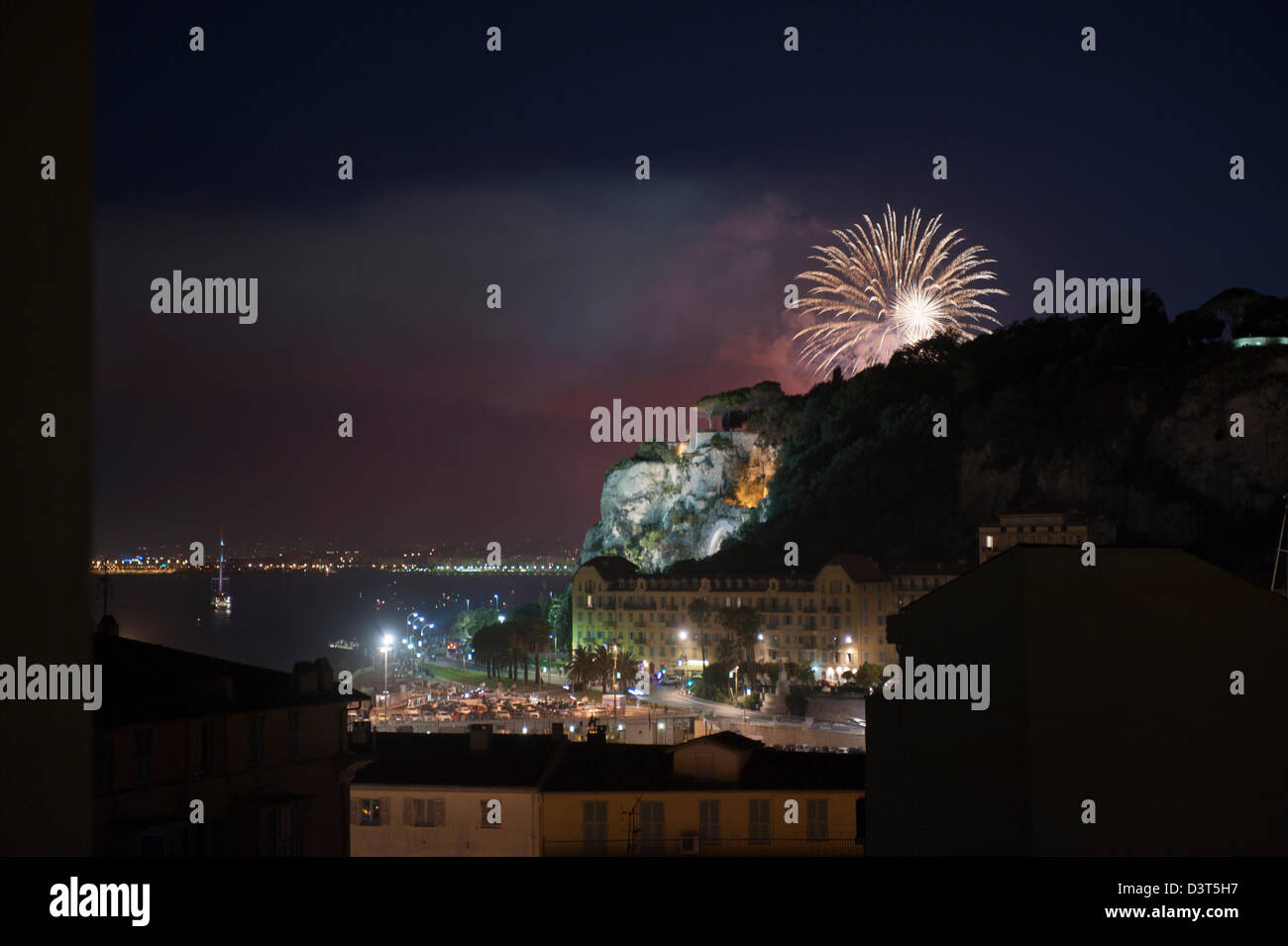 Fireworks over the port of Nice to celebrate Bastille Day Stock Photo ...