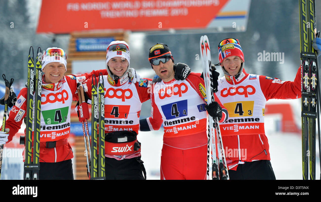 (L-R) Second placed Haavard Klemetsen, Joergen Graabak, Magnus Moan and ...