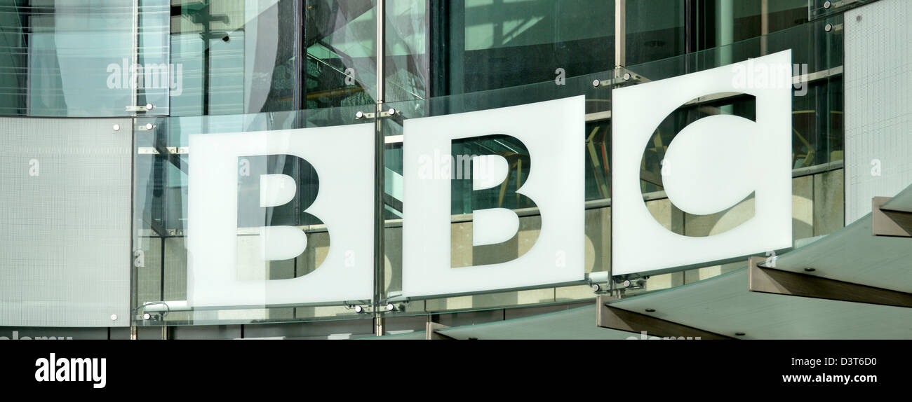 BBC sign above entrance to new east wing extension to Broadcasting ...