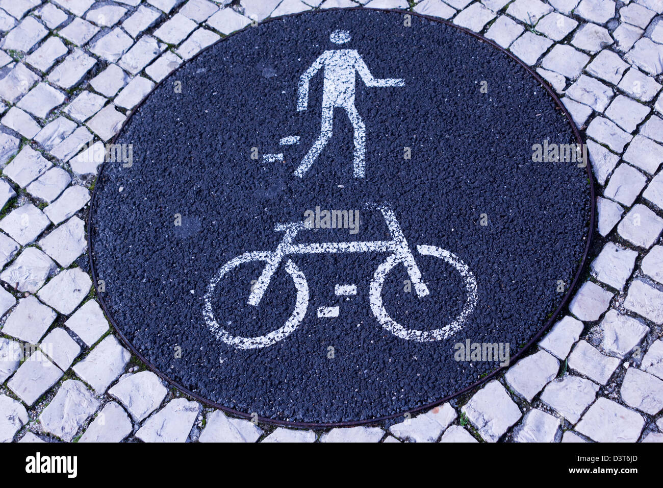 Sign showing lane for bicycles and pedestrians only. Lisbon, Portugal ...
