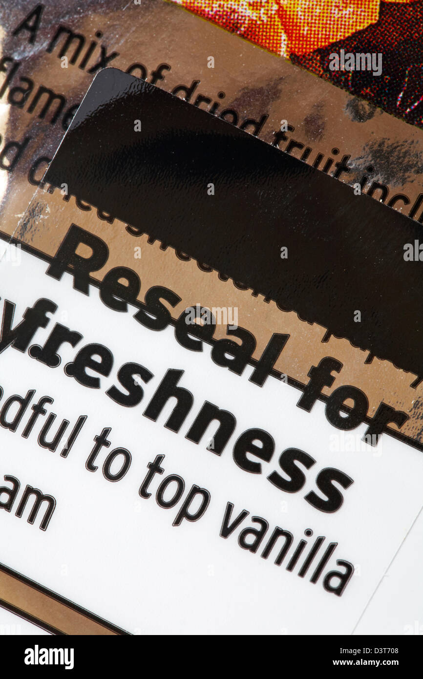 reseal for freshness sticker on packet of dried fruit mix Stock Photo ...