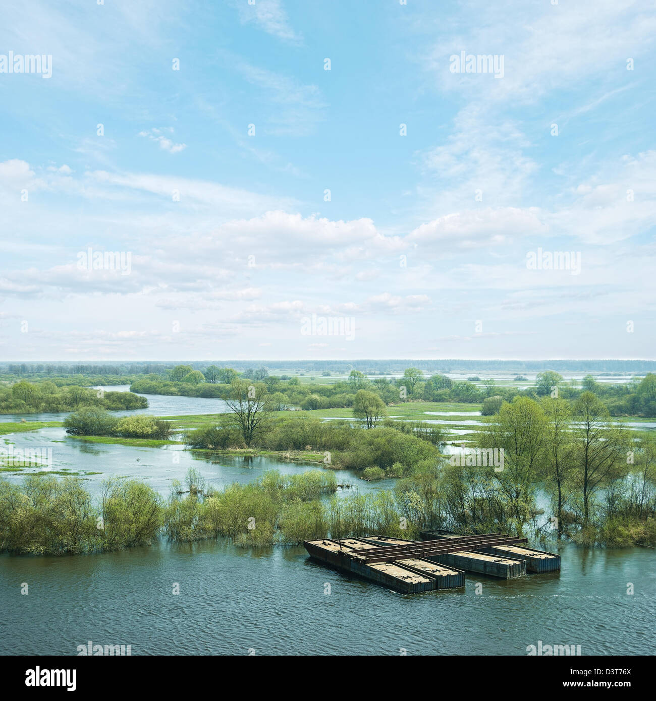 Spring high water or flooding. Elements of the old pontoon bridge on ...