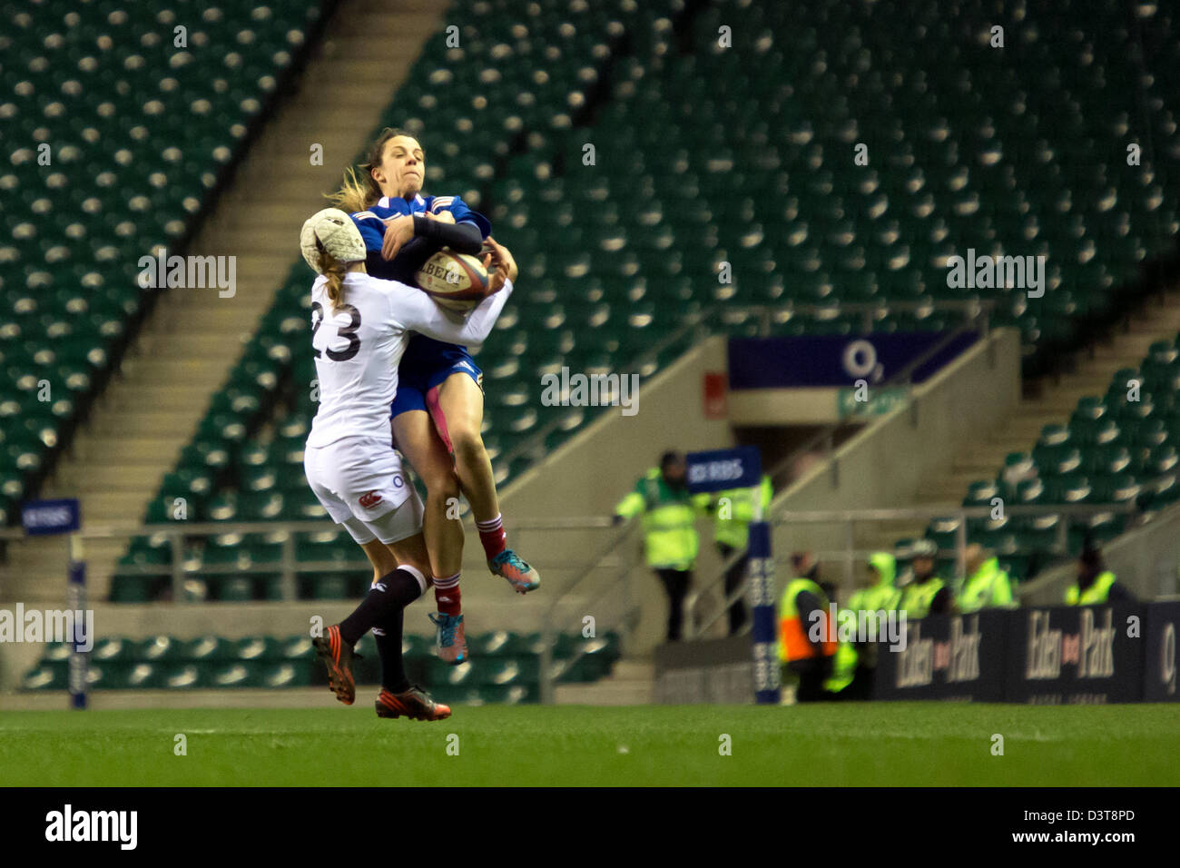 Elodie Guiglion (Fra) & Emily Scott (Eng) jumping for the ball. England ...
