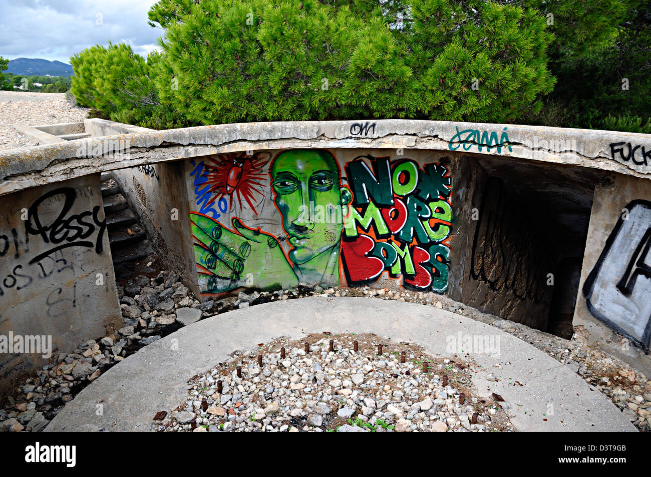 "No more bombs" graffiti painted on an old bunker. Ibiza, Balearic ...