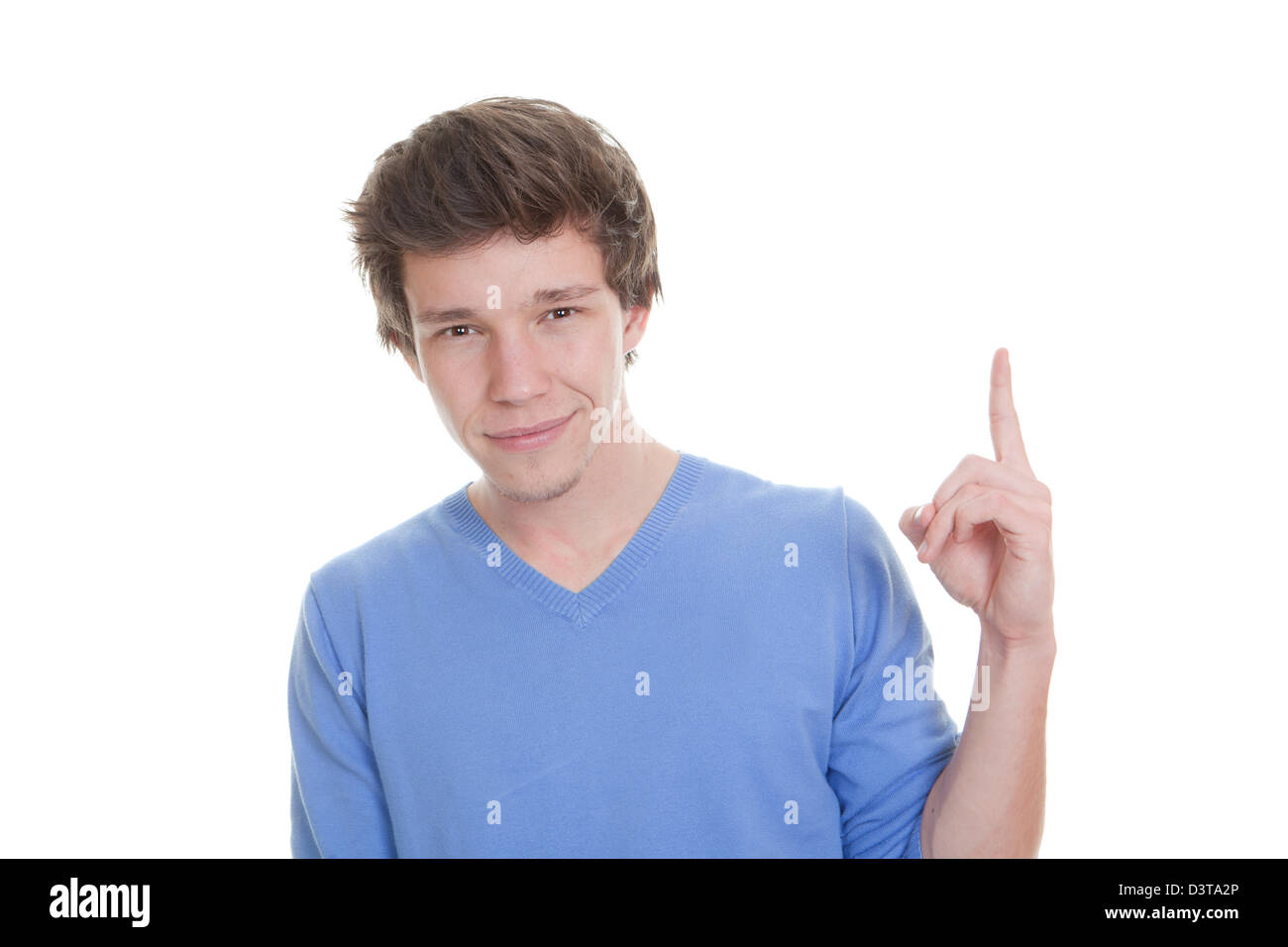 man pointing up at white copy space Stock Photo - Alamy