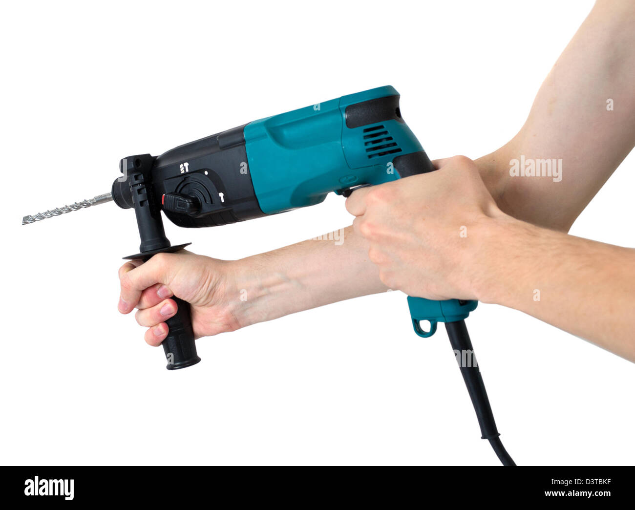 Perforator in hands isolated on a white background Stock Photo - Alamy