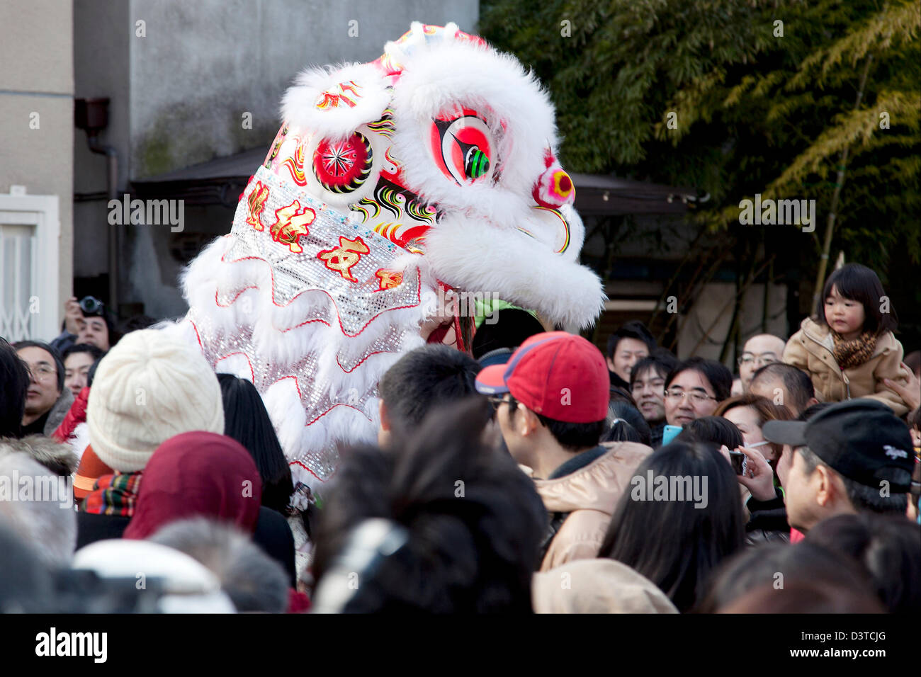 Kanagawa, Japan. 23rd Feb, 2013. Chinese Lion walks between people at ...