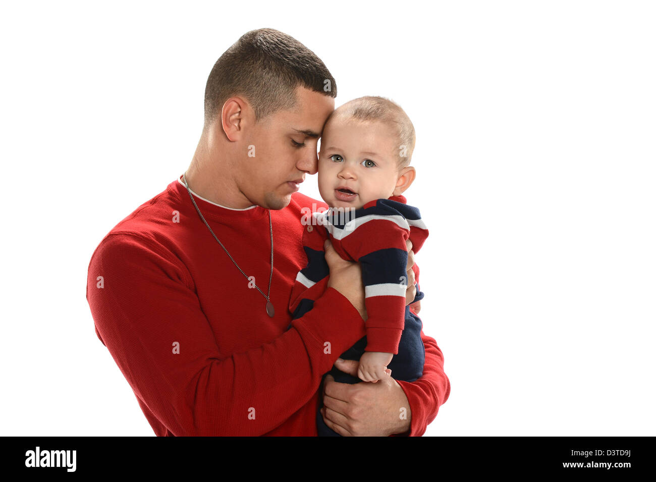 Portrait of Hispanic father and son isolated over white background ...