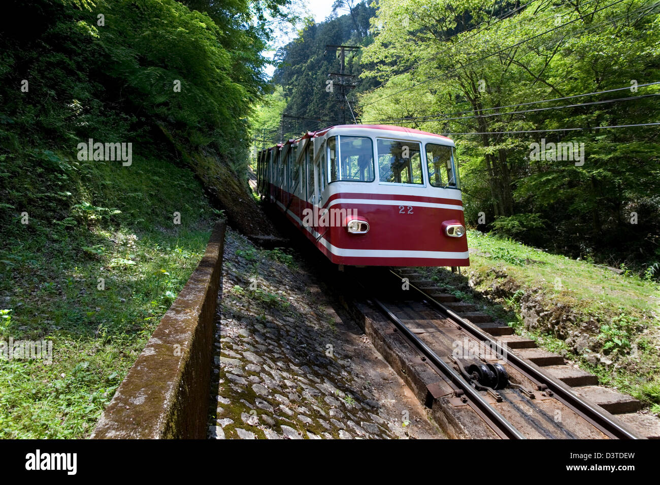 Nankai Railway company cable car, or funicular inclined tram, running ...