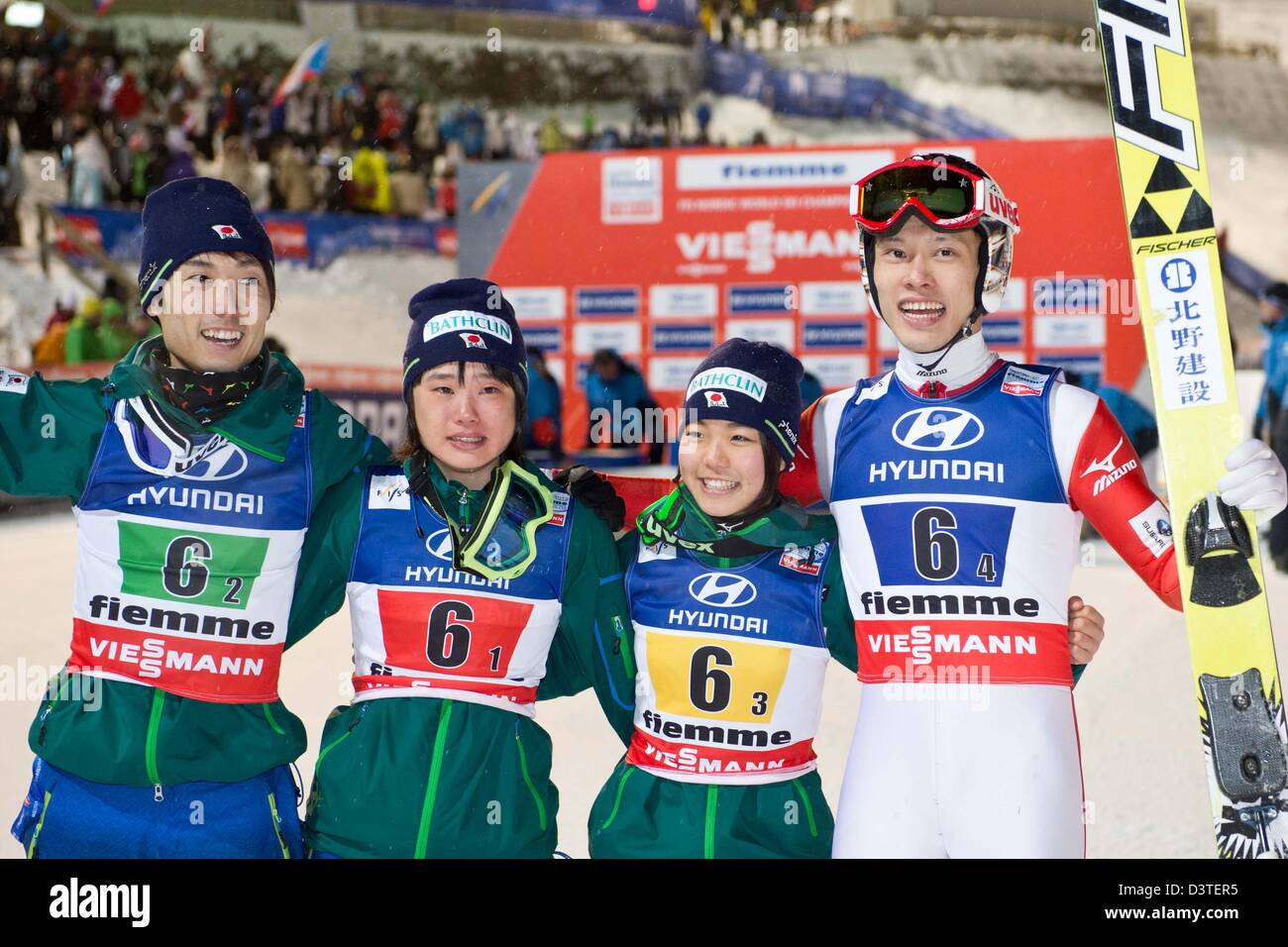 Val di Fiemme, Italy. 24th February 2013. (L-R) Daiki Ito, Yuki Ito, Sara Takanashi, Taku ...