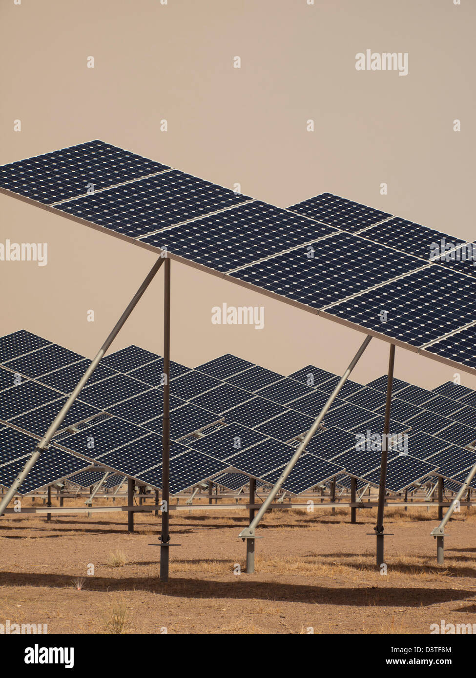 A series of large solar panels forms a symmetrical line at a power ...