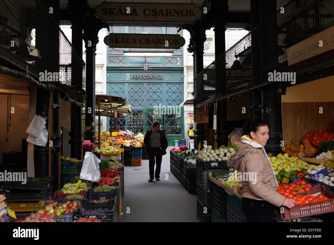 Budapest, Hungary, fruit and Gemuesehaendlerin before a market hall ...