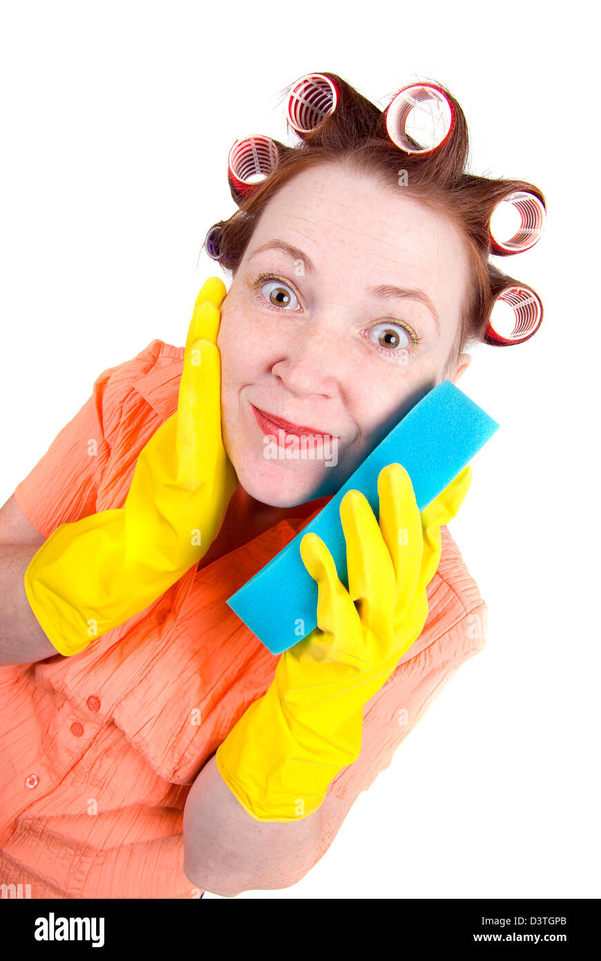 crazy housewife maid cleaner with sponge .Isolated on white background ...