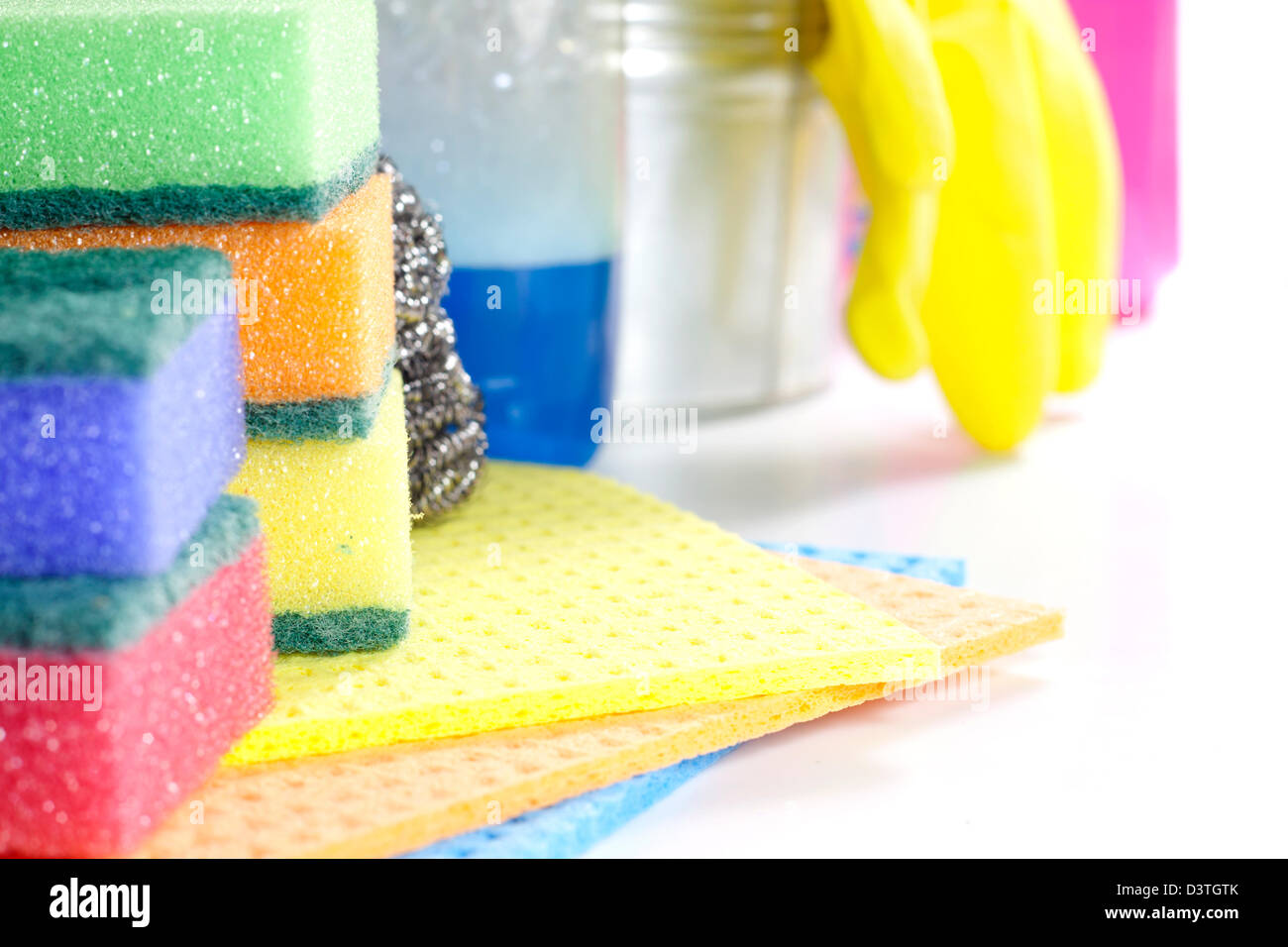 Cleaning tools on white background Stock Photo - Alamy