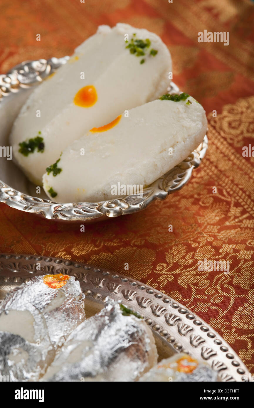 Close-up of cham cham a traditional Indian sweet made from chhena ...