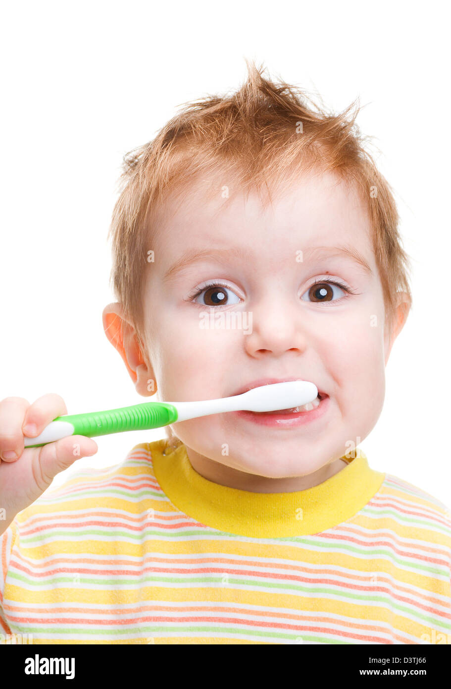 Little child with dental toothbrush brushing teeth.isolated on a white ...