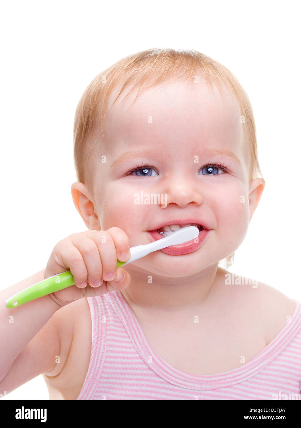 Girl with toothbrush isolated on a white background Stock Photo - Alamy